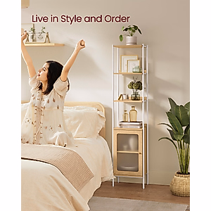 VASAGLE 6-Tier Bookcase, Slim Bookshelf with PC Door, Freestanding Storage Shelf with Metal Frame, Adjustable Shelf, for Living Room, Oak Beige and Pearl White ULLS123W57