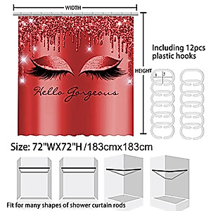 4Pcs Red Hello Gorgeous Shower Curtains Bathroom Sets with Rugs and Accessories for Women Bling Eyelash Modern Red Shower Curtains Sets with Soft Bath Mat and Toilet Seat Cover