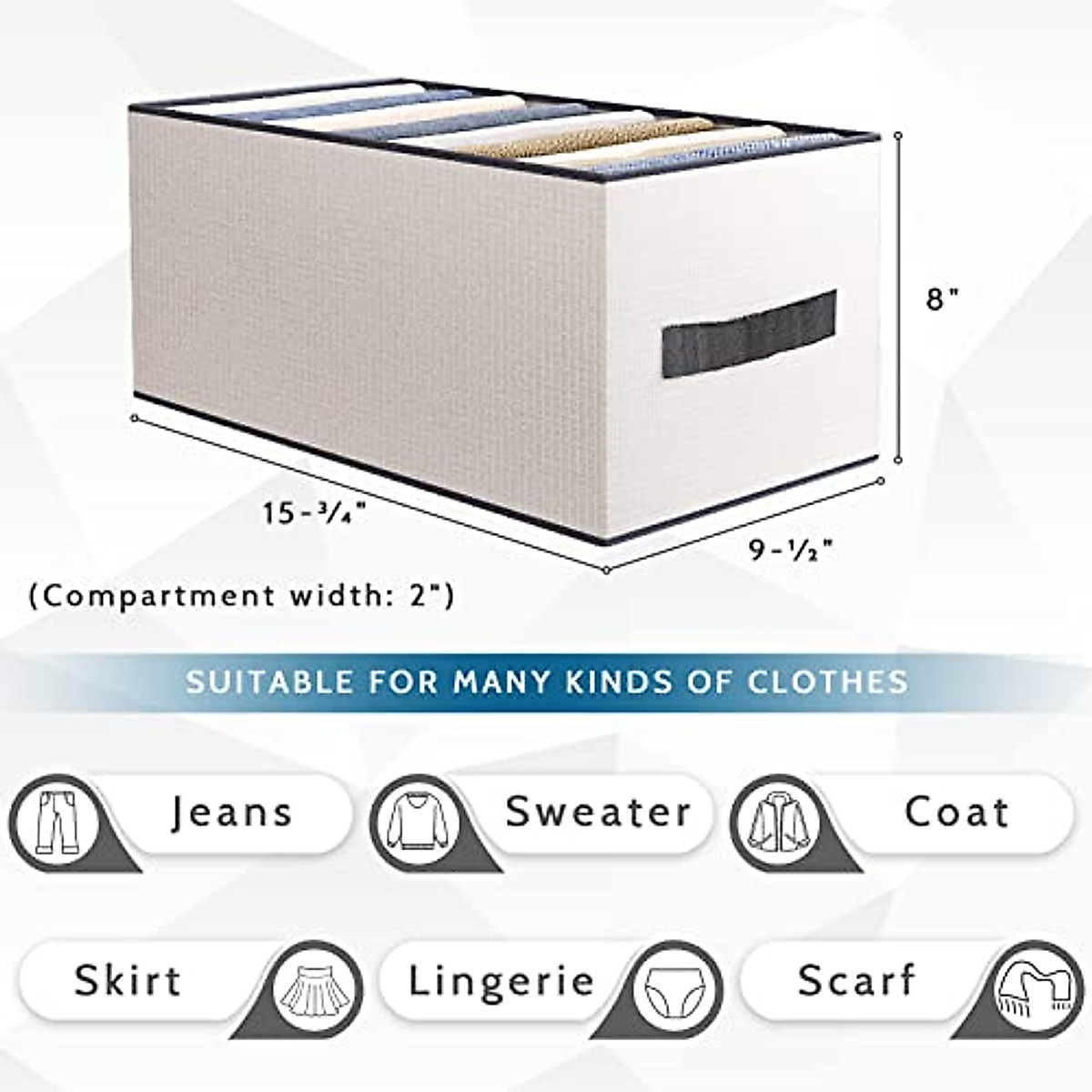 DonYeco 3 Pack Wardrobe Clothes Organizer, 8 Grids Closet Organizer for Jeans, Dimension 15-3/4" x 9-1/2"x 8" (Compartment width: 2")