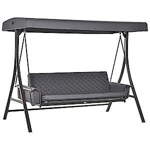 Outsunny 3-Seat Patio Swing Chair, Converting Flatbed, Outdoor Porch Swing Glider with Adjustable Canopy, Removable Cushions, Pillows for Garden, Poolside, Backyard, Gray