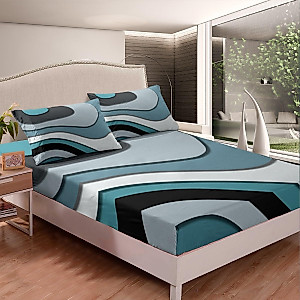Abstract Sea Wave Bed Sheets Set Full Size, Royal Blue White and Grey Swirls Fitted Sheet, Modern Turquoise Decor Sheets, Geometric Striped Bedding Set Chic All Season Bedroom Decor, 3Pcs