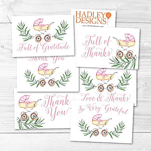 Hadley Designs 24 Pink Carriage Baby Shower Thank You Cards With Envelopes, Girl Sprinkle Thank-You Note, 4x6 Gratitude Card Gift For Guest Pack, Gender Reveal DIY So Grateful Greenery Vintage