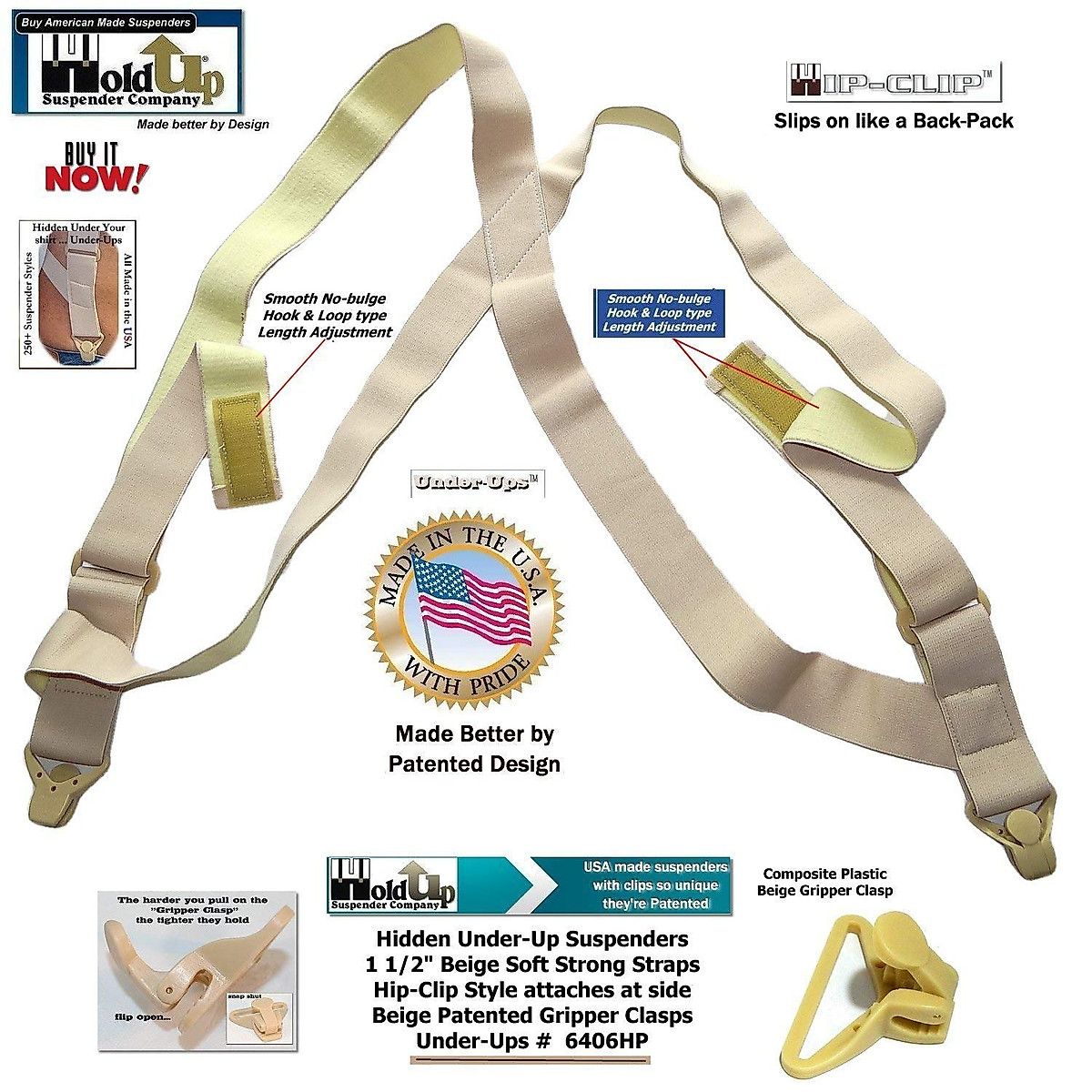 Holdup Tan 1 1/2" Hip-Clip Style Under-Ups Suspenders for Men with the Patented Composite plastic Gripper Clasps