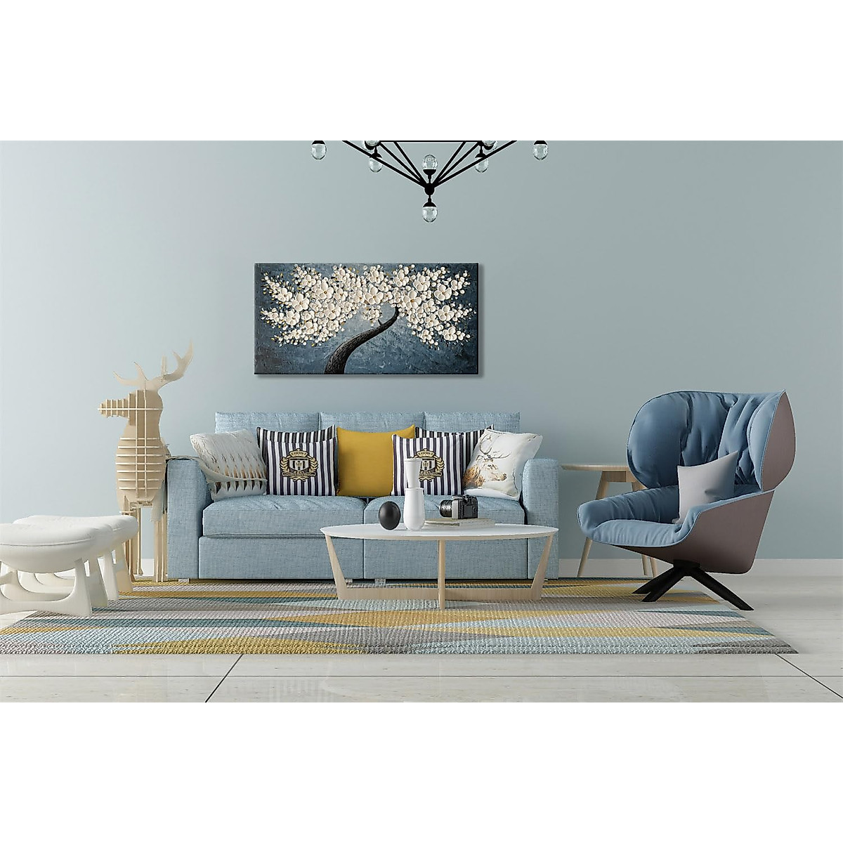 zoinart Hand Painted 3D Floral Oil Paintings on Canvas 48x24 Inches Abstract White Flower Modern Large Canvas Wall Art Contemporary Tree Art Texture Artwork Home Decorations