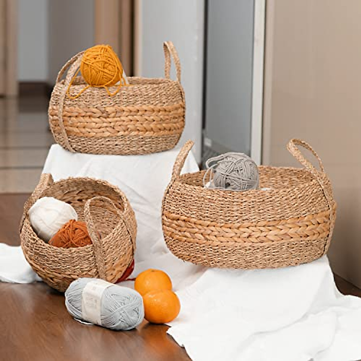 LiLaCraft Set 3 Natural Woven Storage Basket for Organizing, Wicker Baskets, Braided Seagrass Storage Baskets for Laundry, Bedroom, Living Room, Office - Set 3 Different Sizes Stackable Natural Bins