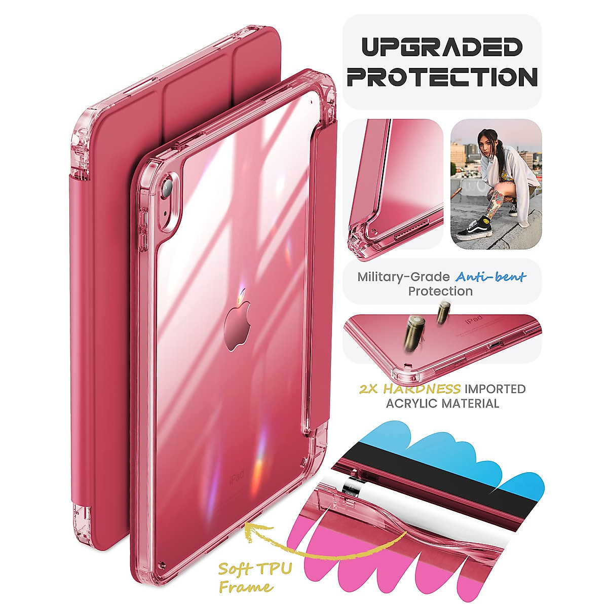 INFILAND Compatible with iPad 10th Generation Case 2022, iPad Case 10th Generation 10.9 Inch, Full Crystal Clear with Slot for Pencil & Charging Adapter, Rose Pink