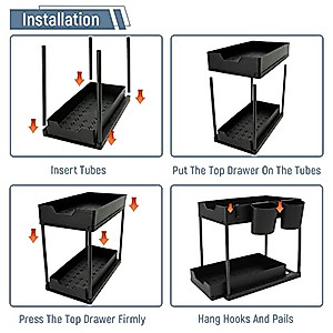 MILILOVE Under Sink Organizers, Bathroom Organizer, 2-Tier Sliding Kitchen Cabinet Organization, with Hook Hanging Cup, Multi-purpose Shelf Organizer, For Kitchen Bathroom Bedroom Office Countertop