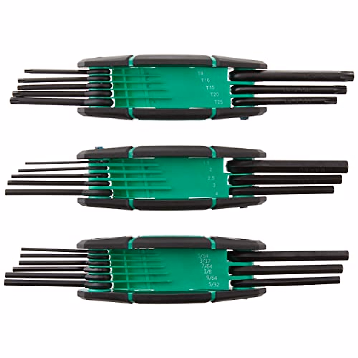 Amazon Brand - Denali 25-Key Folding Hex Key Set, SAE (5/64"-1/4"), Metric (1.5MM-8MM), and Star Allen Wrenches (T9-T40)