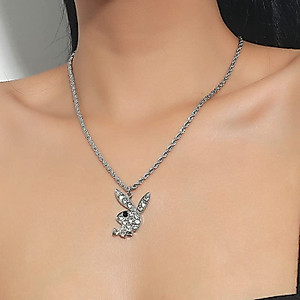 Hohamn Bunny Pendant Necklace Silver Bunny Necklace Play Boy Rabbit Charm Pendant Necklace For Women men Surgical Steel Playboy Bunny Pendant Necklace