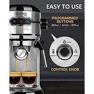 MICHELANGELO Stainless Steel Espresso Coffee Machine with Milk Frother, Small Coffee Maker for Home, 15 Bar - Cappuccino, Latte