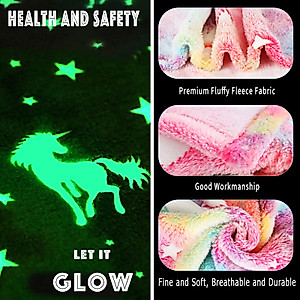 Glow in The Dark Blanket Unicorn Gifts for Kids Girls Teen Birthday Christmas Halloween Present Light Up Rainbow Unicorn Toy Bedroom Bed Decor Fun Soft Fluffy Plush Glowing Throw Pink 50"x60"