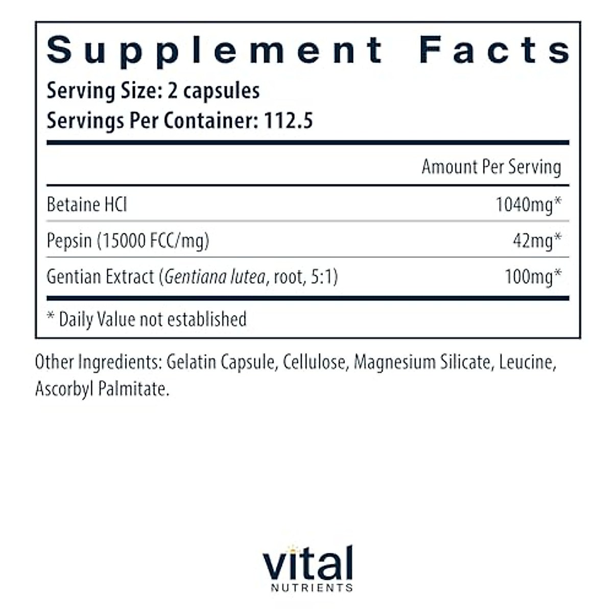 Vital Nutrients Betaine HCL Pepsin with Gentian Root Extract | Digestive Enzyme Formula to Support Protein Digestion and Nutrient Absorption* | Gluten, Dairy, Soy Free | 225 Capsules