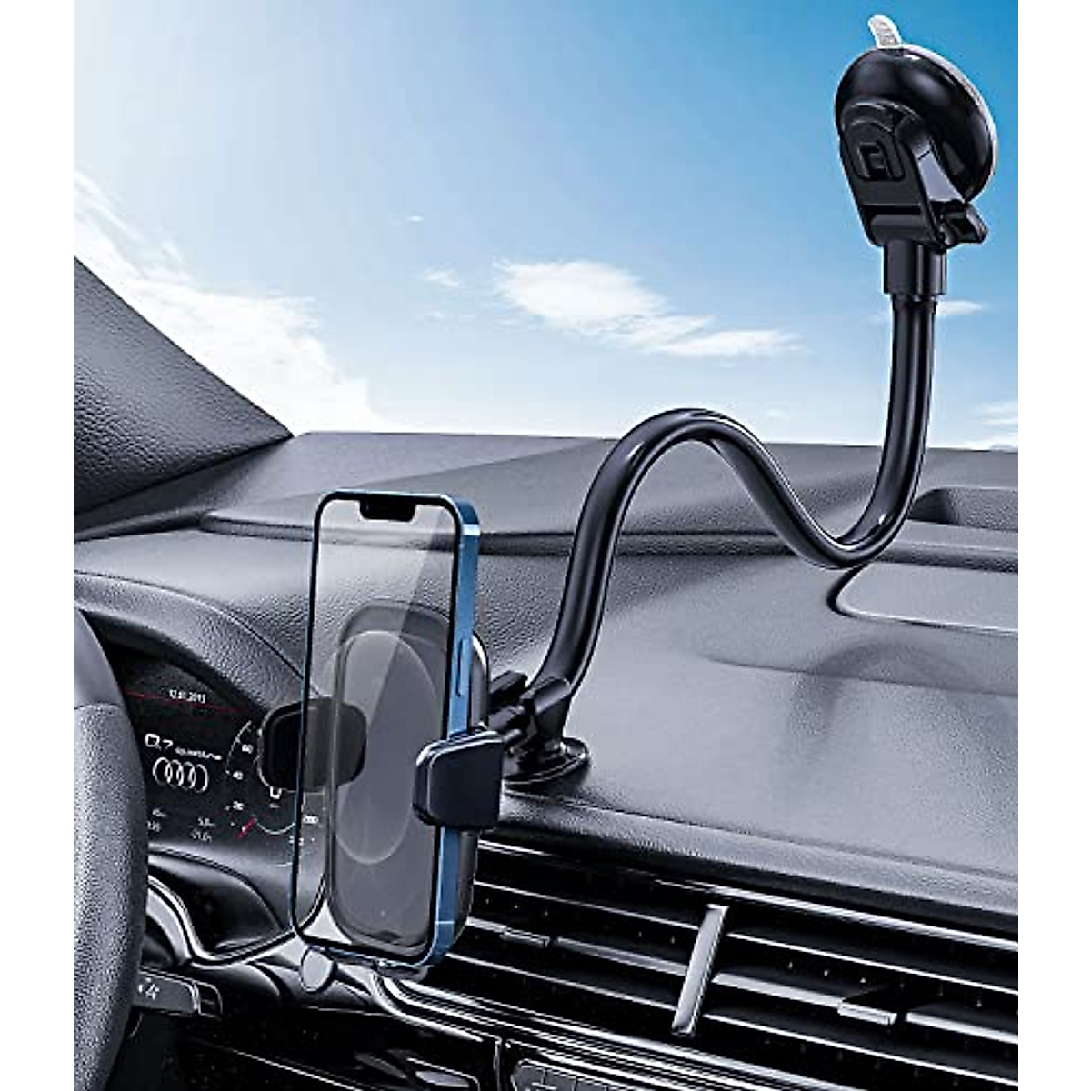 SMORFIT Phone-Mount-for-Car, Long Arm Gooseneck Cell Phone/iPhone Holder Car/Truck for Dashboard/Windshield, Strong Suction Cup Anti-Shake Stabilizer Mobile Stand for Car