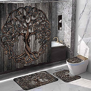 4 Pcs Tree of Life Shower Curtain Set, Vintage Viking Nordic Rustic Tree Bathroom Sets with Shower Curtain and Rugs, Bath Curtain, Bath Mat, Toilet Lid Cover, U Shaped Rug, Hooks, SETLSSD268