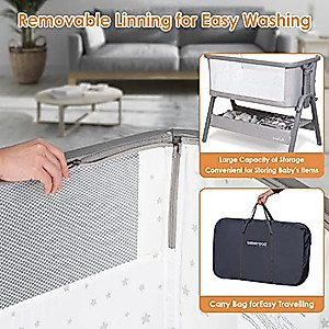 Beberoad Love Baby Bassinet Beside Sleeper for Baby Lightweight Portable 6 Heights Adjustable Beside Crib Baby Bed Cradle for Newborns Infants with Mattress Wheels Storage Basket Travel Bag Light Grey