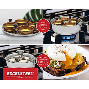 ExcelSteel Non Stick Easy Use Rust Resistant Home Kitchen Breakfast Brunch Induction Cooktop Egg Poacher, 4 Cup, Gold Tone