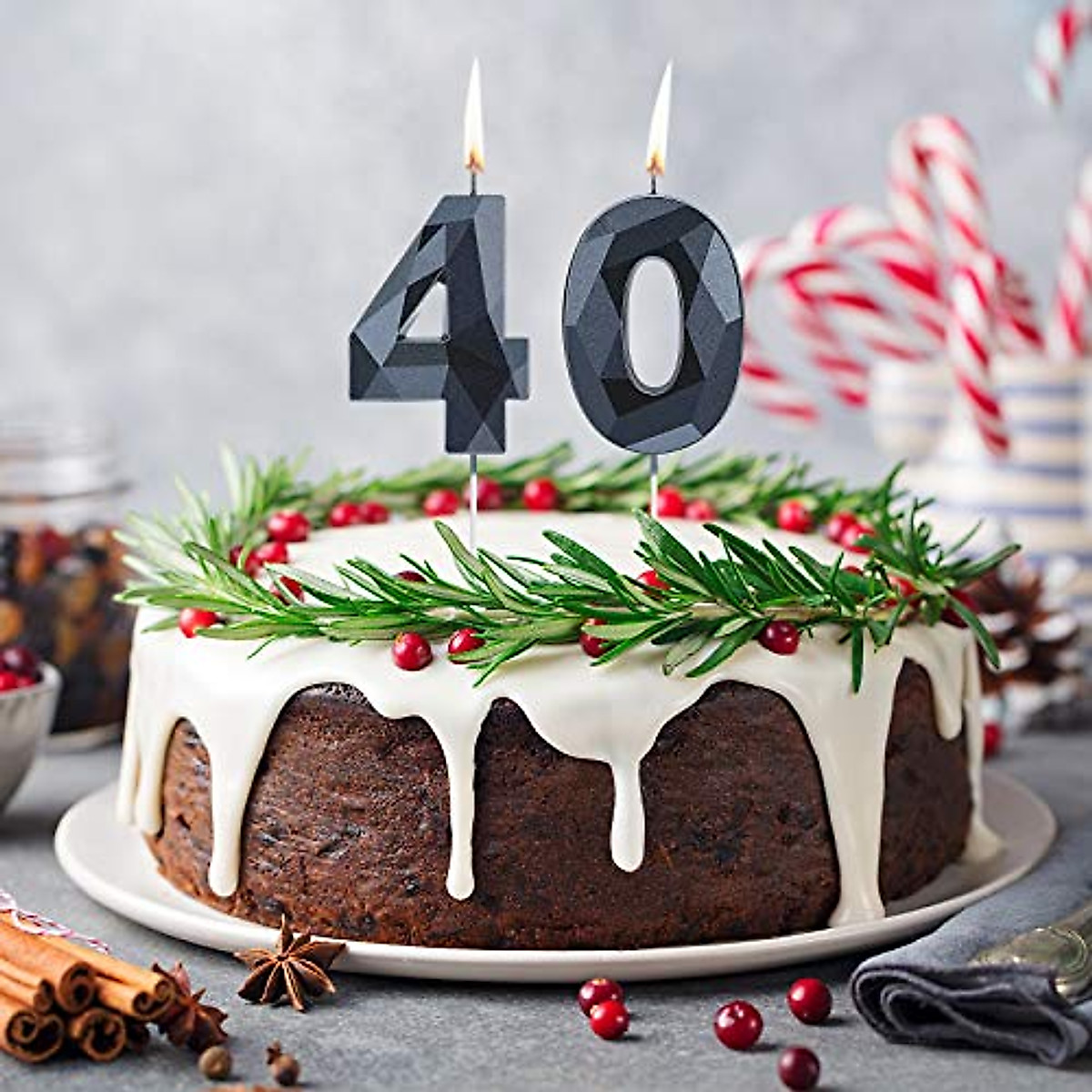 40th Birthday Candles, Number 40 Candles Happy Birthday Cake Topper 3D Diamond Shape Numeral Sparkler Candles for Men Women Birthday Party Wedding Decoration Theme Party (Black)