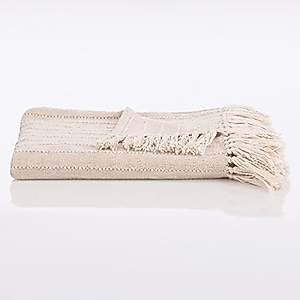 Nate Home by Nate Berkus Lightweight Textured Weave Cotton Throw Blanket | with Fringe Detail, Breathable, All-Season Decoration for Bedding from mDesign - 50" x 60", Natural (Tan)