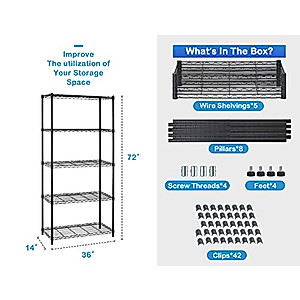 5-Tier Metal Wire Shelving Unit Kitchen Shelf Organizer Garage Storage Rack Utility Shelf Snack Shelf, NSF Certified Storage Shelves for Storage, Garage Shelving Kitchen Storage Shelf Pantry Shelves