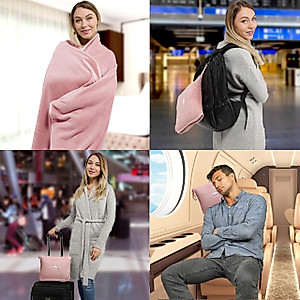 BlueHills Premium Soft Long Travel Blanket Pillow for Tall Airplane Flight Blanket 70 X48 inch Throw in Soft Bag case with Hand Luggage Belt & Backpack Clip Compact Pack Large Pink T055
