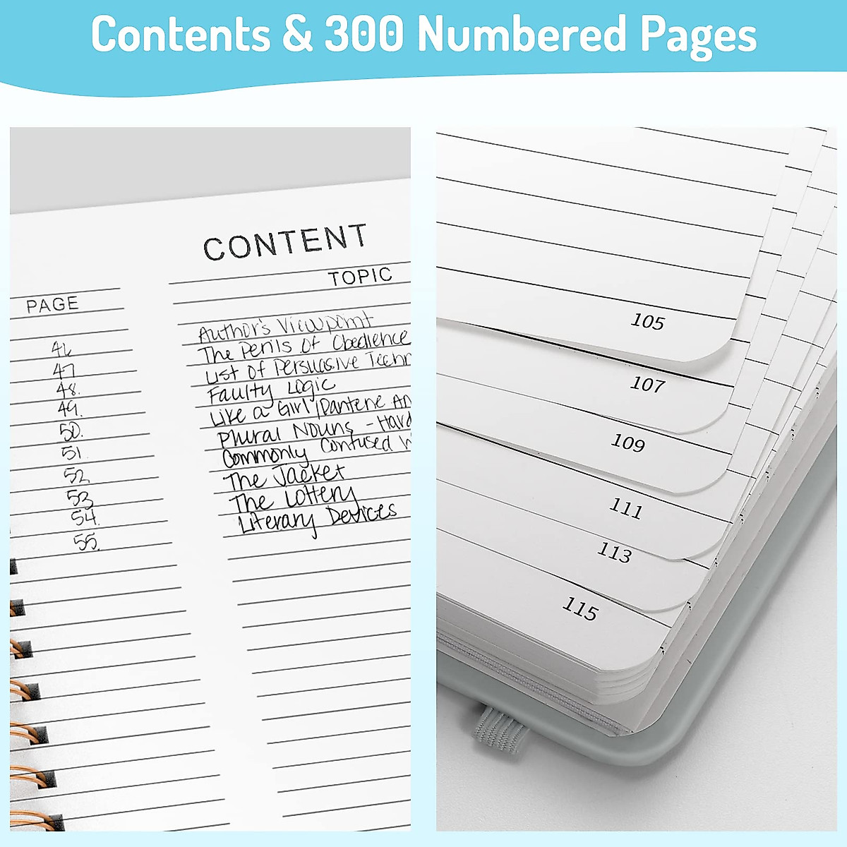 Forvencer Lined Spiral Journal Notebook with 300 Numbered Pages, B5 College Ruled Thick Journals for Writing with 100GSM Paper, Hardcover Notebooks with Contents for Work, School, Women, Men, Grey