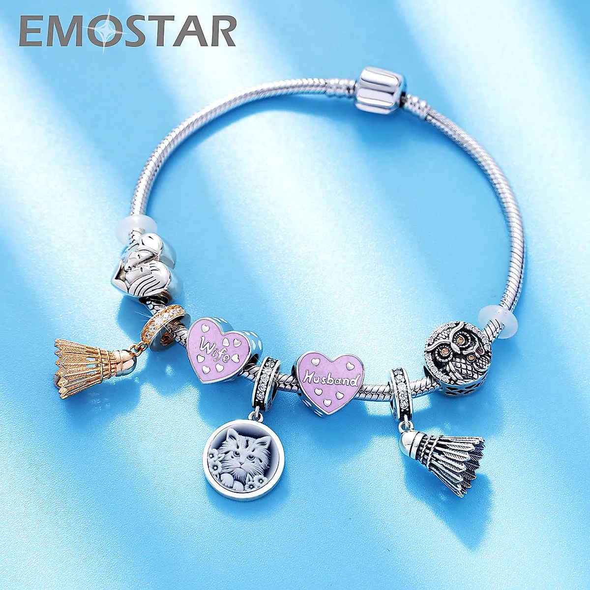 Rose Gold Shuttlecock Dangle Charms, 925 Sterling Silver Badminton Pendant with Clear CZ, fit Pandora DIY Sports Bracelet Bangle, Gifts for Sports Lover/Graduation/Friends