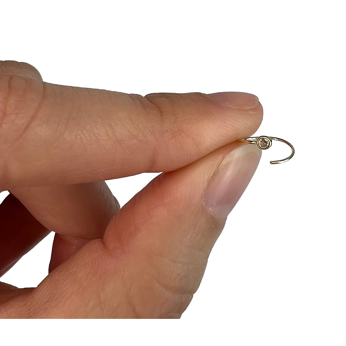 CZ Nose Ring 20 gauge 8 mm 5/16 inch with 2 mm Round CZ, Simulated Diamond Nose Hoop, Bezel Set Cubic Zirconia Nose Jewelry (14k Solid Gold)