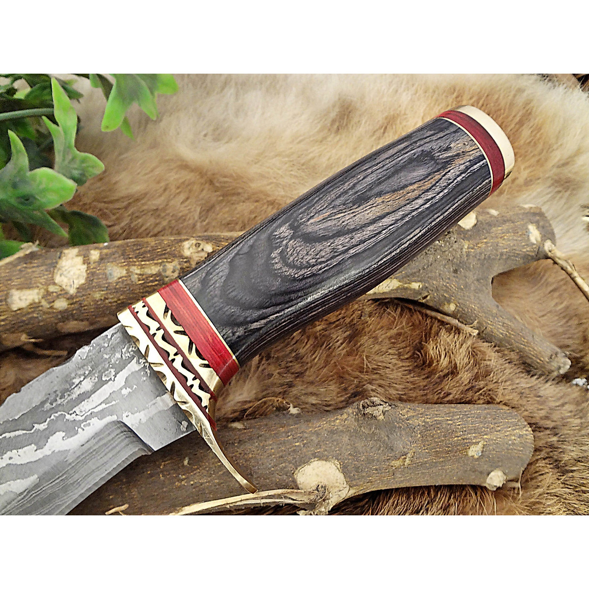 Damascus Steel Hunting Bowie Knife 14.5 Inches Custom Made Hand Forged with 10" Blade, 2 Tone Green Wood with Engraved Brass Scale, Thick Cow Hide Leather Sheath with Belt Loop (Black)