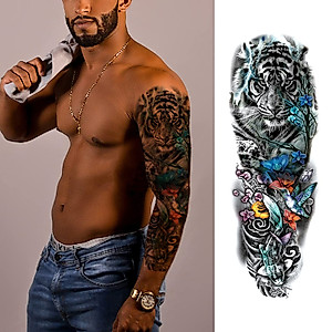 CUTELIILI Full arm temporary tattoo for Men,12sheets (L19“xW7”) Sleeve Tattoos temporary, Fake Tattoos That Look Real and Last long，Tiger Dragon Koi Evil Eyes