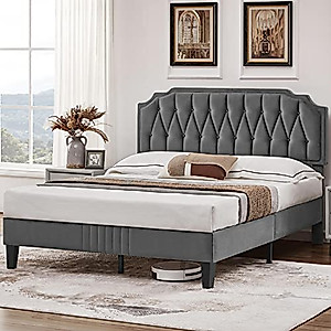 Yaheetech Queen Bed Frame Velvet Upholstered Platform Bed with Curved Headboard, Height-Adjustable Headboard/Noise-Free/Wooden Slats Support/No Box Spring Needed/Easy Assembly, Dark Gray Queen Bed