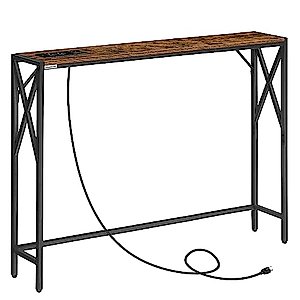 MAHANCRIS Sofa Table with Charging Station, 39.4” Console Table, Narrow Entryway Table, Slim Hallway Table, Retro Couch Table, for Entrance, Foyer, Living Room, Hallway, Rustic Brown CTHR151E01