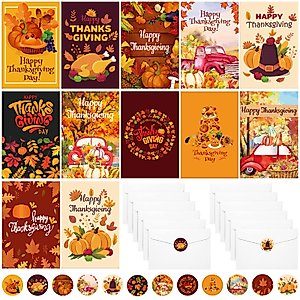 12 Sets Thanksgiving Cards with Envelopes Vintage Truck Pumpkins Turkey Cards 4x6 Inches for Thanksgiving Day Thank You Postcards for Family Teacher Fall Party Harvest Celebration Supplies, 12 Designs