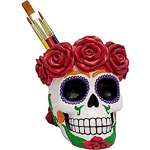World of Wonders Sugar Skull Day of the Dead Makeup Brush Holder Organizer | Makeup Organizers For Vanity and Sugar Skull Gifts for Women | Día de Los Muertos Decoration - 5"