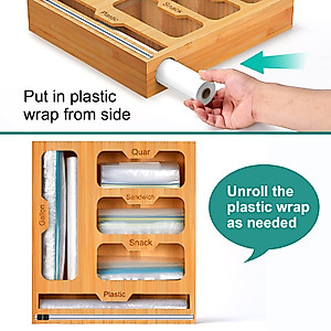 5 in 1 Plastic Wrap Dispenser with Cutter, Kitchen Drawer Storage Dispenser Suitable for Plastic Wrap，Aluminum Foil and Parchment Paper ,Bamboo Roll Organizer Holder, Compatible with 14" Roll