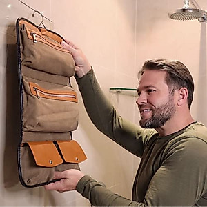 Vetelli Foldable Hanging Leather Travel Toiletry Bag for Men with 2 Zippered Internal Pockets, 2 Snap-Fastened Internal Pockets, and Hanging Hook
