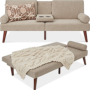 Best Choice Products Mid-Century Modern Upholstered Futon, Convertible Folding Sofa Bed, Small Couch w/Rounded Armrests, 2 Cupholders - Sand