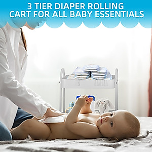 3-Tier Utility Rolling Cart Utility Cart with Wheels Baby Diaper Caddy Cart Metal Nursery Storage Organizer Organizer for Baby Diapers Essentials Storage Cart for Living Room Kitchen Office Bathroom