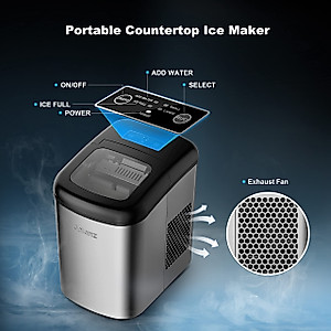Galanz Portable Countertop Electric Ice Maker Machine, 26 lbs in 24 Hours, 9 Bullet Shaped Cubes Ready in 7 Minutes, 2 Ice Sizes, Perfect for Parties & Home Bar, 2.1 L Stainless Steel