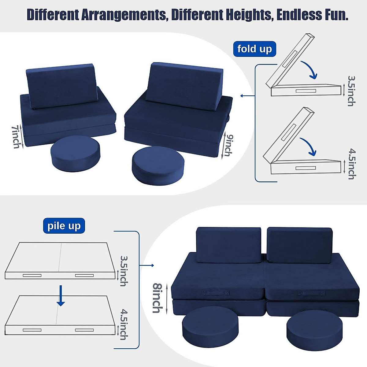 MeMoreCool Modular Kids Couch for Playroom, Navy Foam Play Couch for Toddlers, Building Fort Explorer Sofa