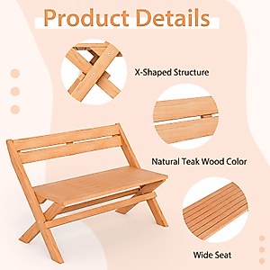 Giantex Wood Outdoor Bench Folding - 2-Person Patio Garden Bench with Solid Teak Wood Structure, Natural Appearance, Foldable Park Bench for Patio, Porch, Backyard, Poolside, Outside Bench Seat