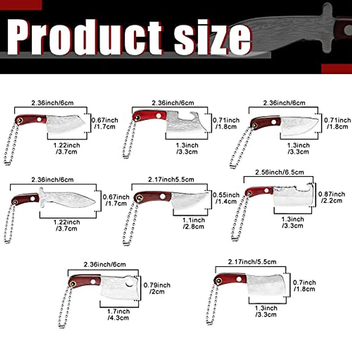 Nuogo 8 Pcs Mini Knifes Damascus Pocket Knife Set Tiny Chef Knife Mini Box Cutter Keychain Butcher Cleaver Stainless Steel with Bottle Opener Sheath Chain for Package Opener Box Cutter