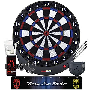 GRAN BOARD Dash Blue Online Bluetooth Smart Dartboard for Adults & Game Room Package c/w -Bracket, Throw line Sticker, Smartphone Holder, Extra tip 50pcs, Fcx Dart & std Gran Dartboard Accessory