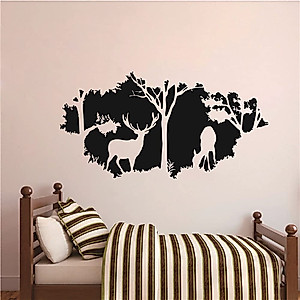 Forest Animals Wild Deers Wall Deal Art Vinyl Wall Sticker for Boys Kids Room Hunting Jungle Wall Decal for Bedroom Living Room Art House Decor Mural TM-46 (Black)