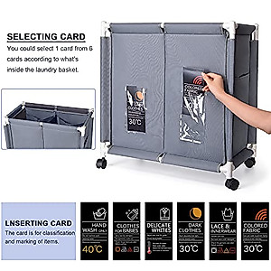 2-Tier Laundry Hamper 110L Large Oxford Clothes Basket Sorter with Rolling Wheels, Lid and Sorting Cards for Clothes & Toys Storage, Grey HG615