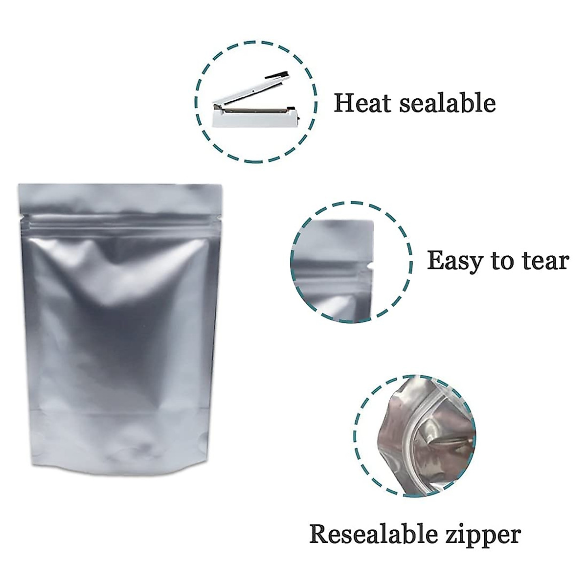 FERENLI 100 Pieces Silver 5.5x7.9 inch Pure Aluminum Foil Stand Up for Zip Mylar Bags Lock Long Term Food Storage Resealable Zipper Lock Bag Heat Seal Airtight Packaging Pouch