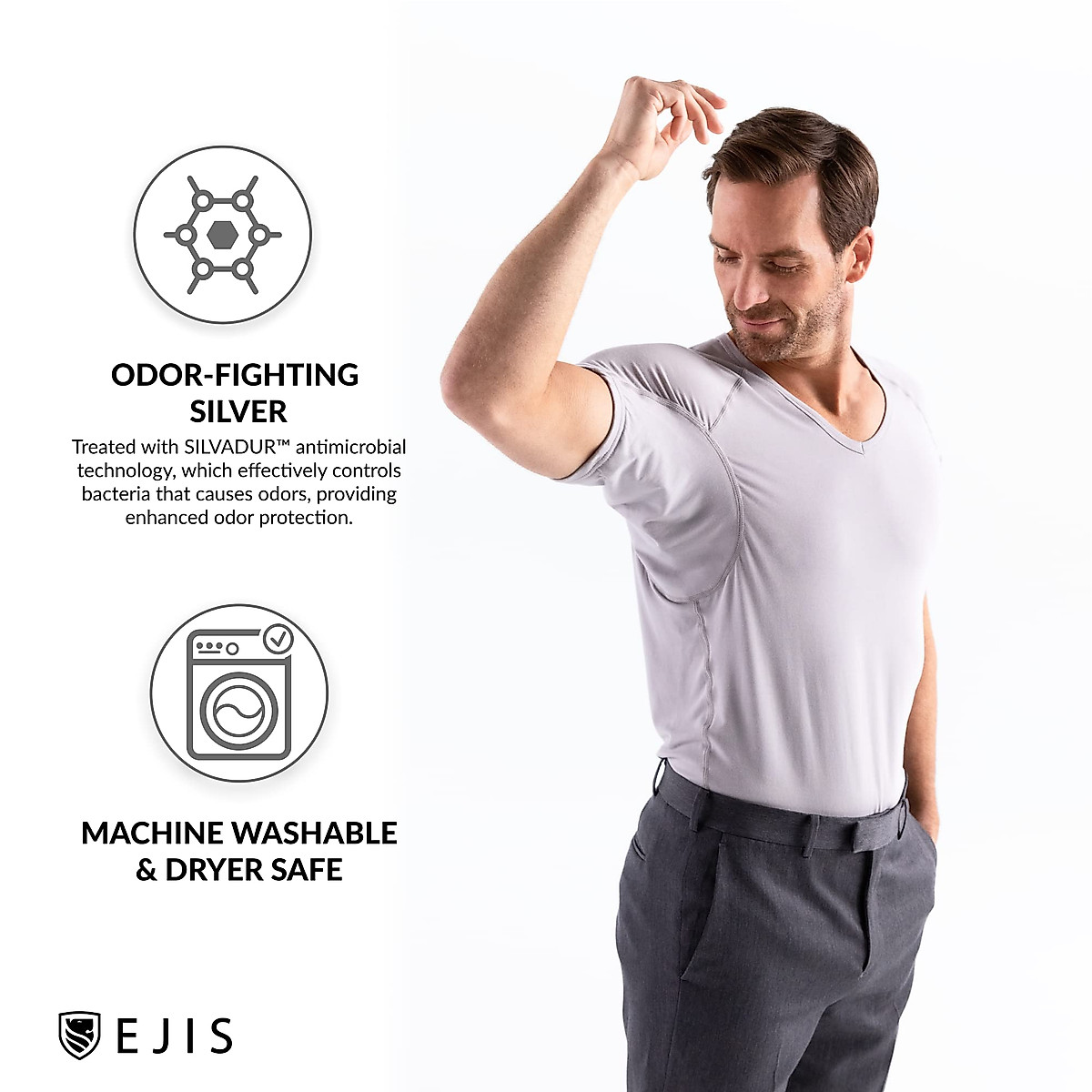 Ejis Sweat Defense Undershirt | V Neck (3-Pack) | Underarm Sweat Proof Micro Modal (Medium, White)