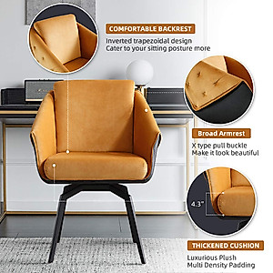 Zerifevni Antique Velvet Accent Chair with Armrest Upholstered Swivel Computer Desk Chair with Arms for Home Office Study Bedroom Armchair(Yellow)