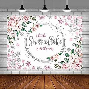 AIBIIN 7x5ft Winter Baby Shower Backdrop for Girl A Little Snowflake is On The Way Baby Shower Decorations Pink Silver Snowflakes Photography Background Banner Photo Props