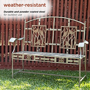 Alpine Corporation 45" x 22" Outdoor 2 Person Metal Garden Bench with Bird Design, White