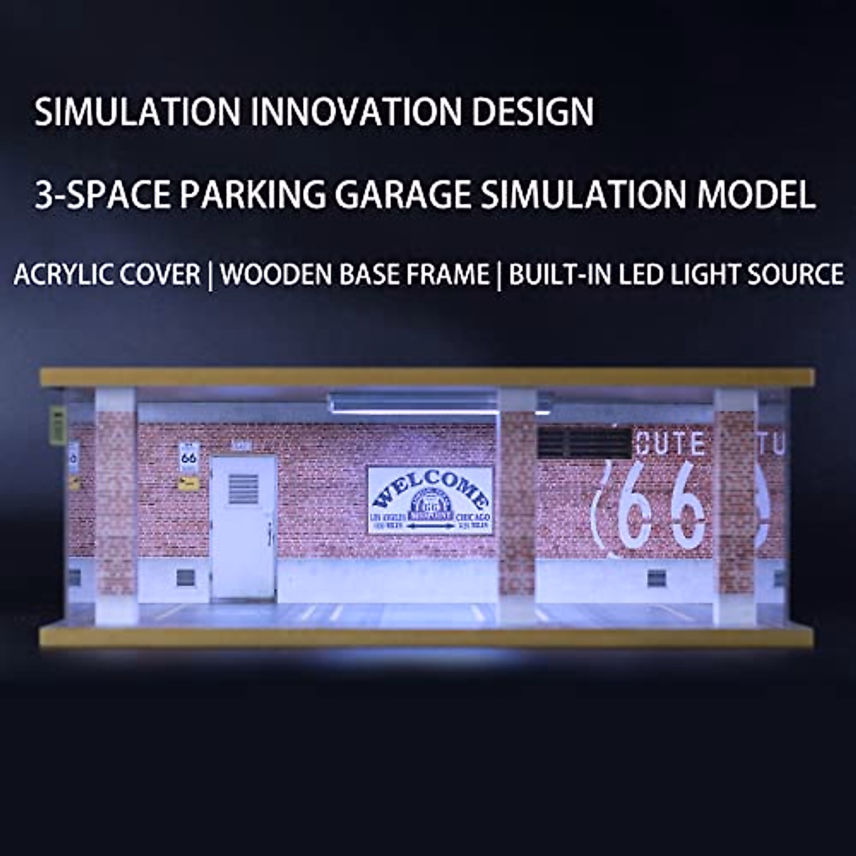 Sikivot 1/24 Scale Car Display Case,Car Model Toy with Parking Lot Scene, Die-cast Car Garage Display Case,2 Parking Space Acrylic Toy Garage with LED Light